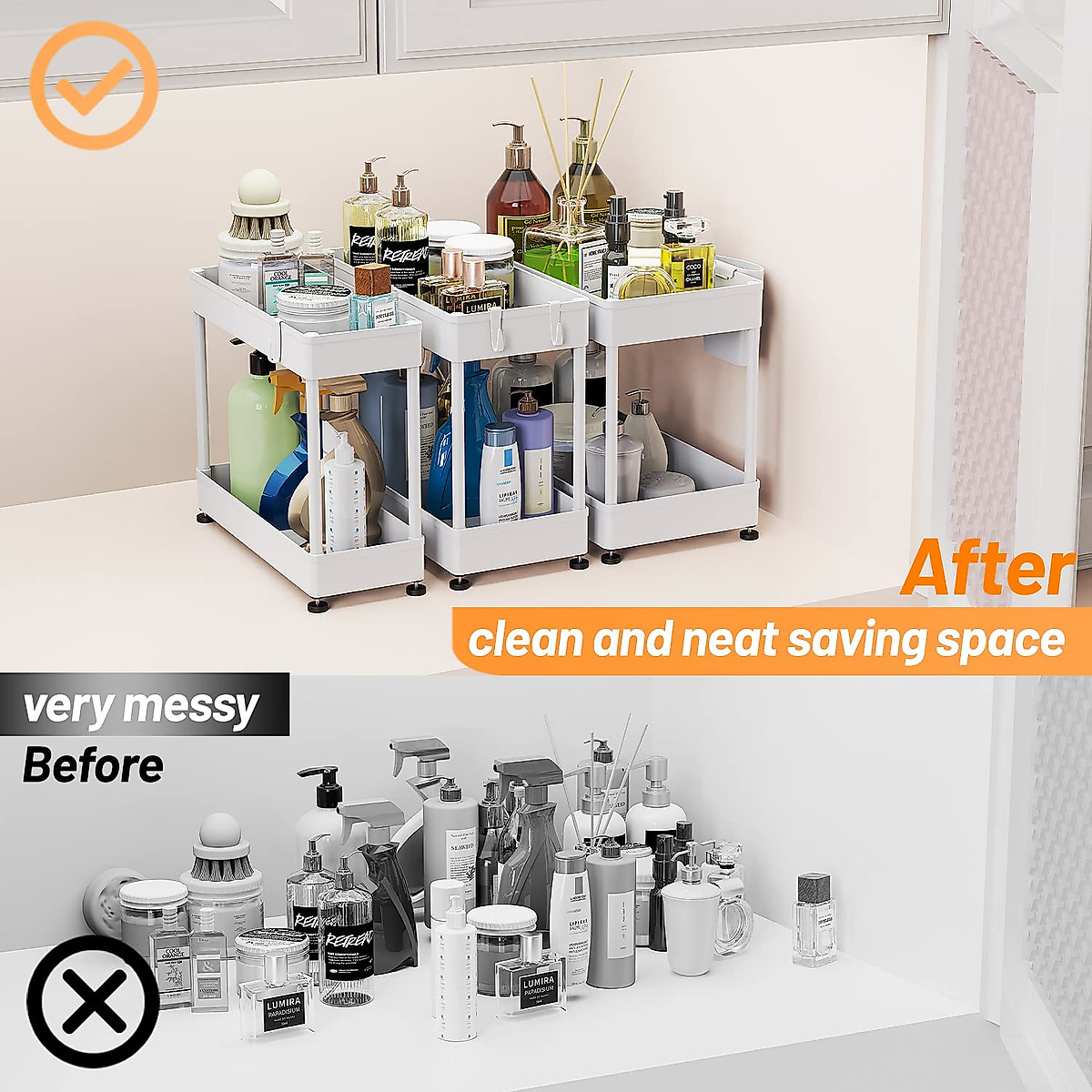 3 Pack Under Sink Organizers and Storage,2 Tier Under the Sink Organizer with 12 Hooks and 3 Cups,ABS Material Multi-purpose Under Cabinet Organizers and Storage for Bathroom Kitchen Laundry Room