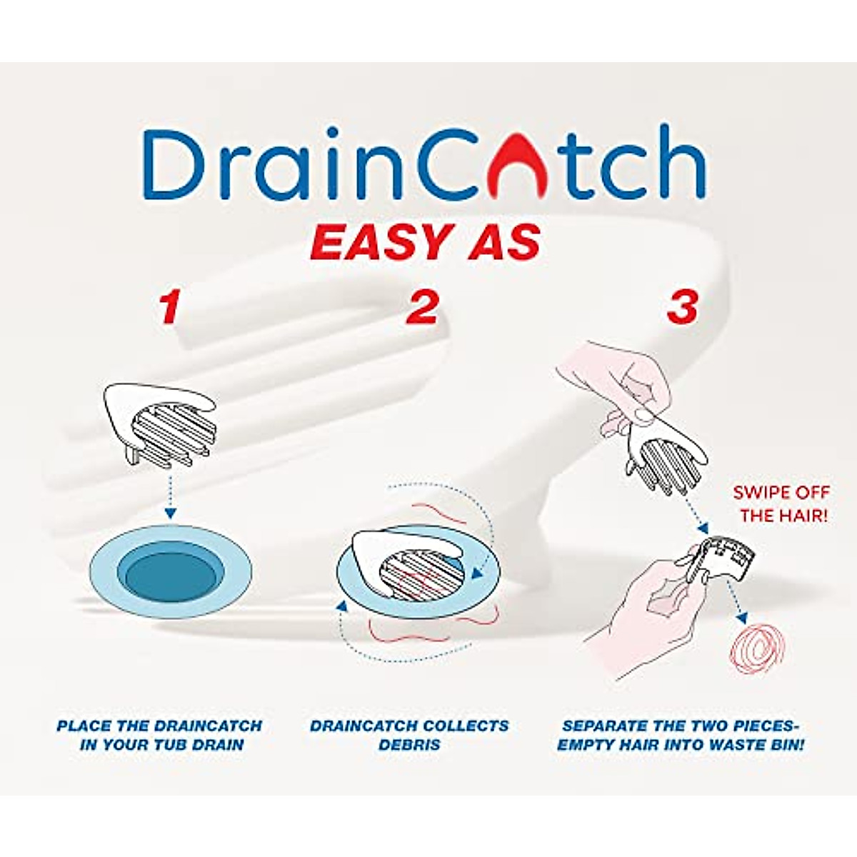 DrainCatch: The Easy to Clean Drain Hair Catcher, Clean with ONE Swipe, The ONLY Separating Bathtub Hair Strainer, Drain Protector, Drain Screen, fits All Standard tub Drain Sizes