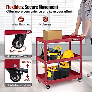 IRONMAX 3 Tier Utility Cart, Heavy Duty Steel Push Service Cart with Lockable 360 Degree Casters, 3 Shelf Tool Cart on Wheels for Garage Office Workshop Warehouse Kitchen (Red)