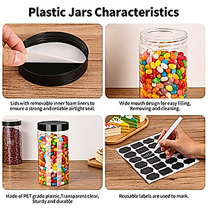 AEGISMILE PLastic jars with lids 32 OZ & 16 OZ 24 pack Clear Storage Jars Containers with Airtight Black Plastic Screw On Lids Cylinder Large Round Jars