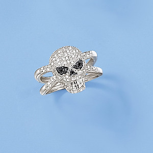 Ross-Simons 0.50 ct. t.w. Black and White Diamond Skull Ring in Sterling Silver. Size 5