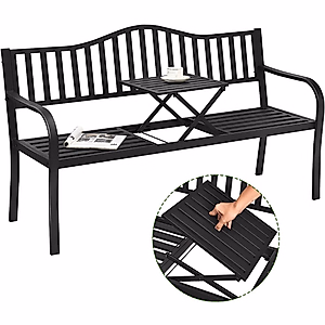 Giantex Patio Bench w/Pullout Middle Table, Outdoor Benches, Garden Bench, Front Porch Bench, Pool Deck Bench, Loveseat Chair, Patio Seating for 2-3 Person, Metal Benches for Outside (Black)