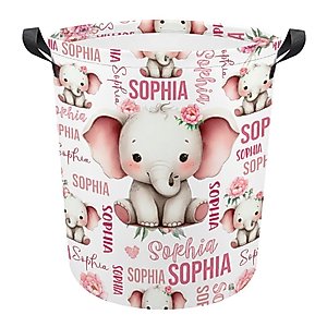 Custom Elephant Laundry Baskets,Personalized Elephant Gifts,Customize Baby Name Laundry Hamper for Kids Boys Girls Adults,Collapsible Clothes Storage Organizer,One Size