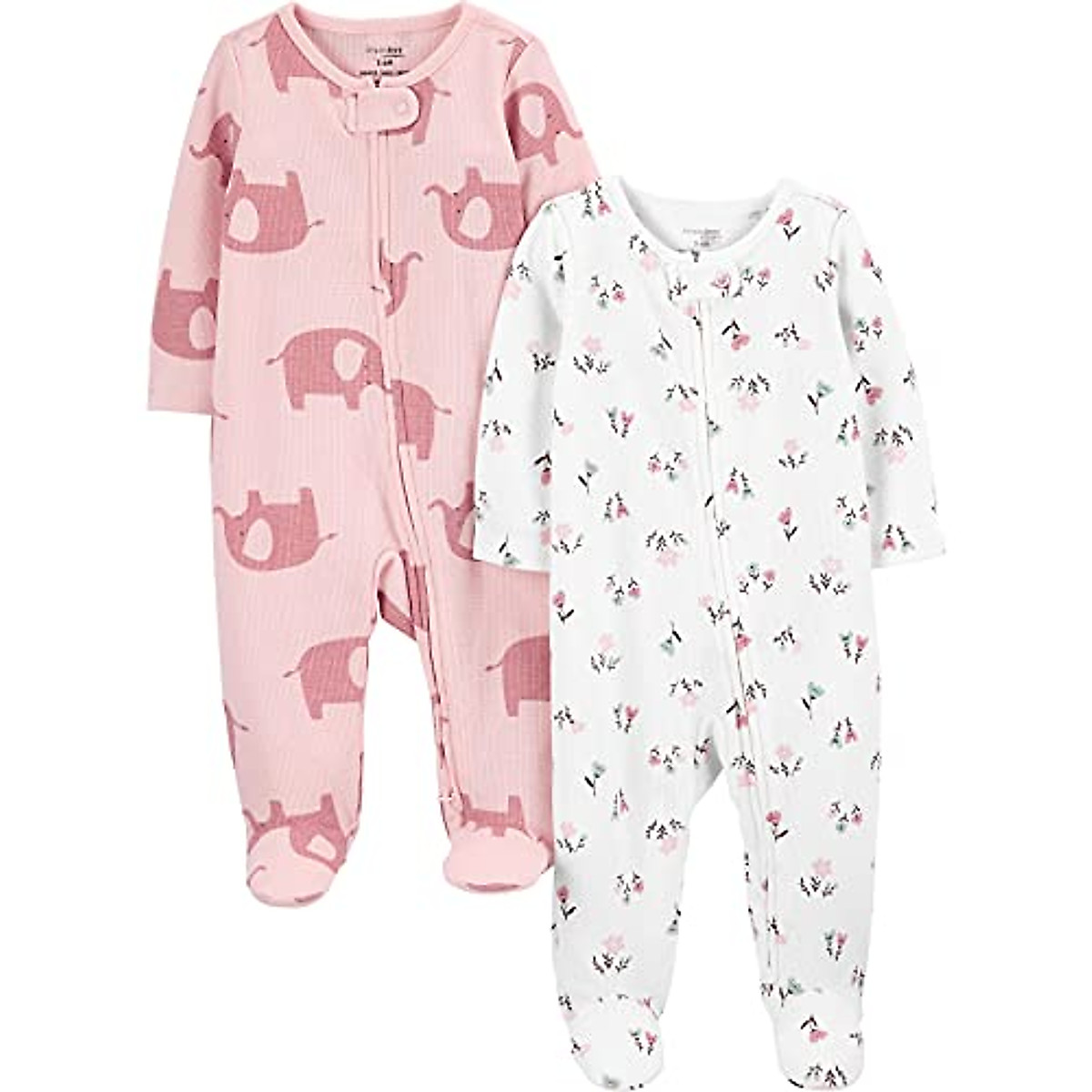 Simple Joys by Carter's Baby Girls' 2-Way Zip Thermal Footed Sleep and Play, Pack of 2, Ivory Floral/Pink Elephants, 3-6 Months
