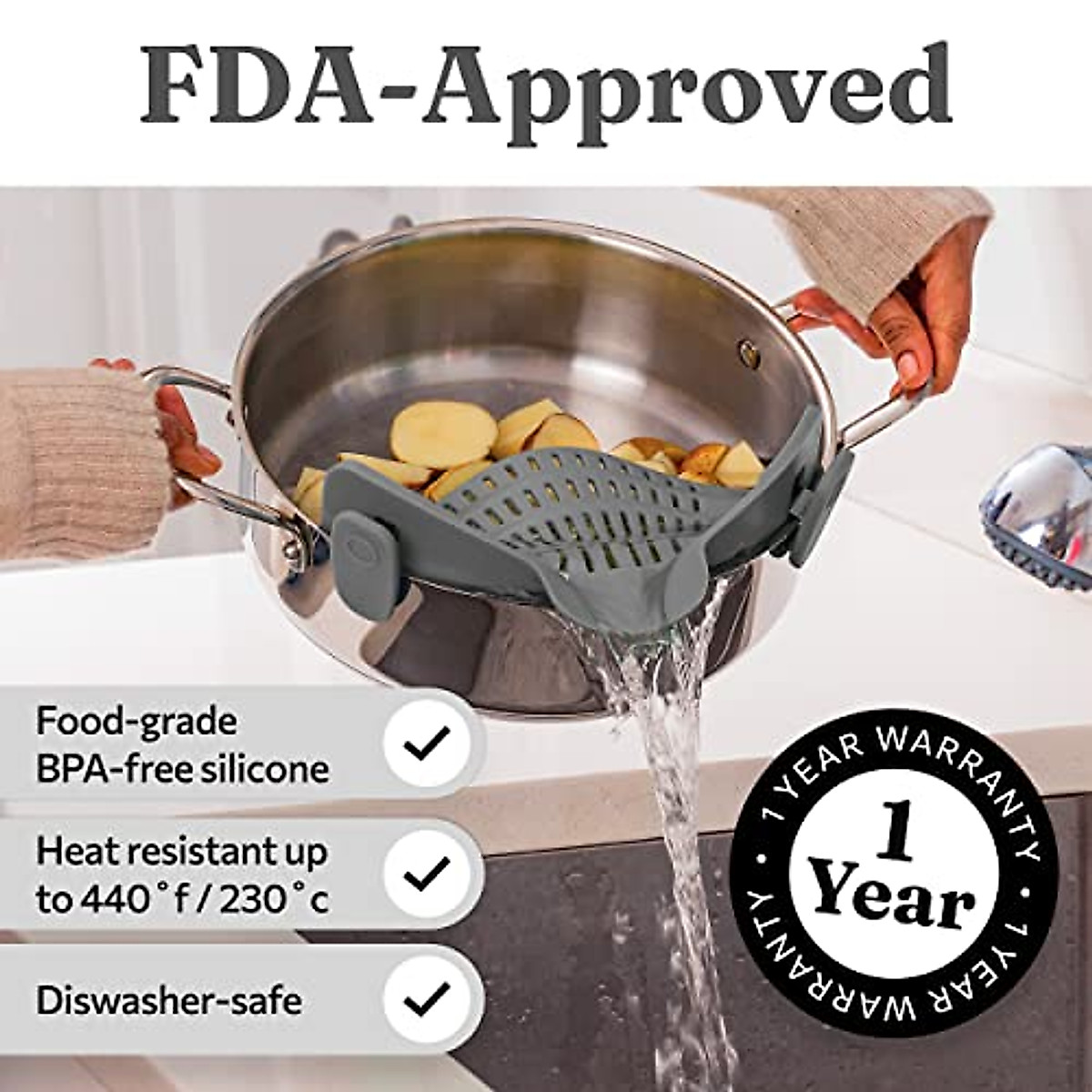 Kitchen Gizmo Snap N Strain Pot Strainer and Pasta Strainer - Adjustable Silicone Clip On Strainer for Pots, Pans, and Bowls - Kitchen Colander - Gray