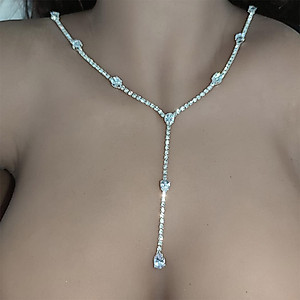 Ckecharfa Rhinestone Choker Necklaces Silver Waterdrop Pendant Necklace Crystal Chain Necklaces Glitter Party Adjustable Neck Chain Jewelry for Women and Teen Girls, Free Size