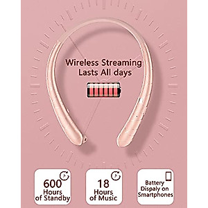 Bluetooth Headphones, Wireless Neckband Headset with Retractable Earbuds, Stereo Earphones w/Noise Canceling Mic for Conferences, Work Out, Travel, Compatible with Android iPhone (Rose Gold)