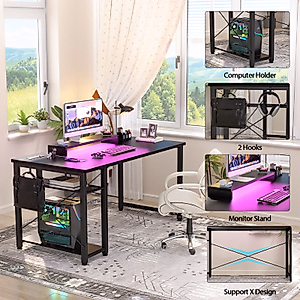 Besiost Gaming Desk with Lights, Reversible Computer Desk with Power Strips, 39.4 Inch Gaming Desk with Moveable Monitor Stand and Shelves, Small Desk for Small Spaces, PC Gaming Desk for Home, Black