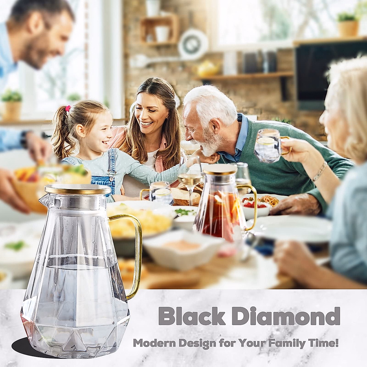 DUJUST Black Diamond Glass Pitcher with Lid & Spout (68 oz), Modern Design Water Pitcher with Handle, High Durability Glass Jug for Fridge, Glass Carafe for Iced Tea/Juice/Beverage/Coffee/Drinks