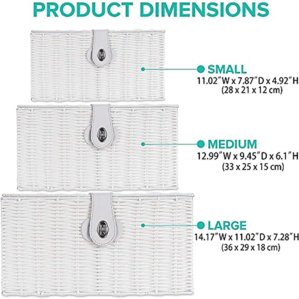 Homepeaz Set of 3 Woven Wicker Storage Basket Box with Lid & Lock, Built-in Carry Handles, Multifunctional Storage Organiser for Nursery, Baby, Clothes, Toys, Books, Large/Medium/Small Size (White)