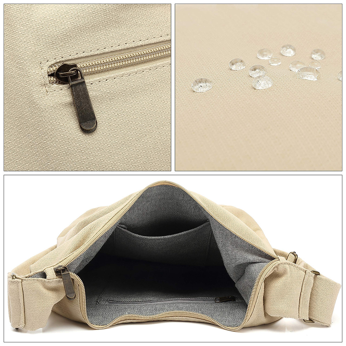 Hippie Crossbody Bag Large size Top Zip Cotton Sling Bag Jacquard cloth Handmade Bags (Tan Beige)