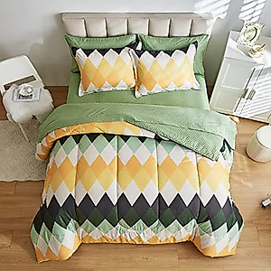 UOZZI BEDDING Rhombus Comforter Sheet Set 7 Pieces Bed in a Bag White Green Yellow Diamond Queen Size (1 Comforter 2 Pillow Shams 1 Flat Sheet 1 Fitted Sheet 2 Pillowcases)