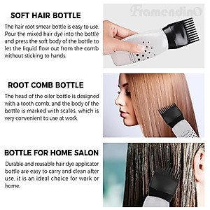 Framendino, 3 Pack Root Comb Applicator Bottle with Graduated Scale Colorful Plastic Squeeze Brush for Hair Dye Home Salon 6 oz