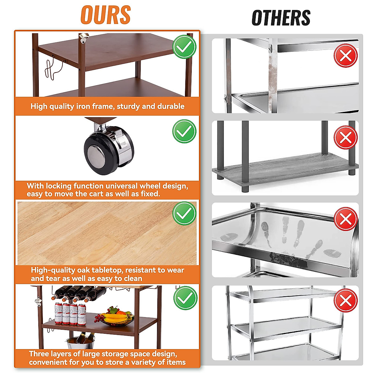 kognita Pizza Oven Table 35.5" Outdoor Grill Table with 4 Wheels, Rubberwood Outdoor Bar Cart Dining Prep Table with Wine and Glasses Rack,Garbage Bag Holder,Bottle Opener and Gas Tank Hook