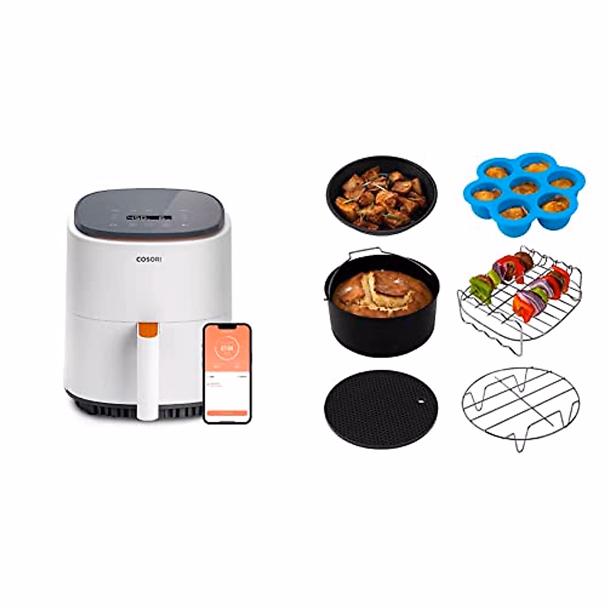 COSORI Air Fryer 4 Qt, 7 Cooking Functions Airfryer, 150+, White & Air Fryer Accessories, Set of 6 Fit for Most 3.7Qt and Larger Oven Cake & Pizza Pan, Metal Holder, Skewer Rack & Skewers, etc