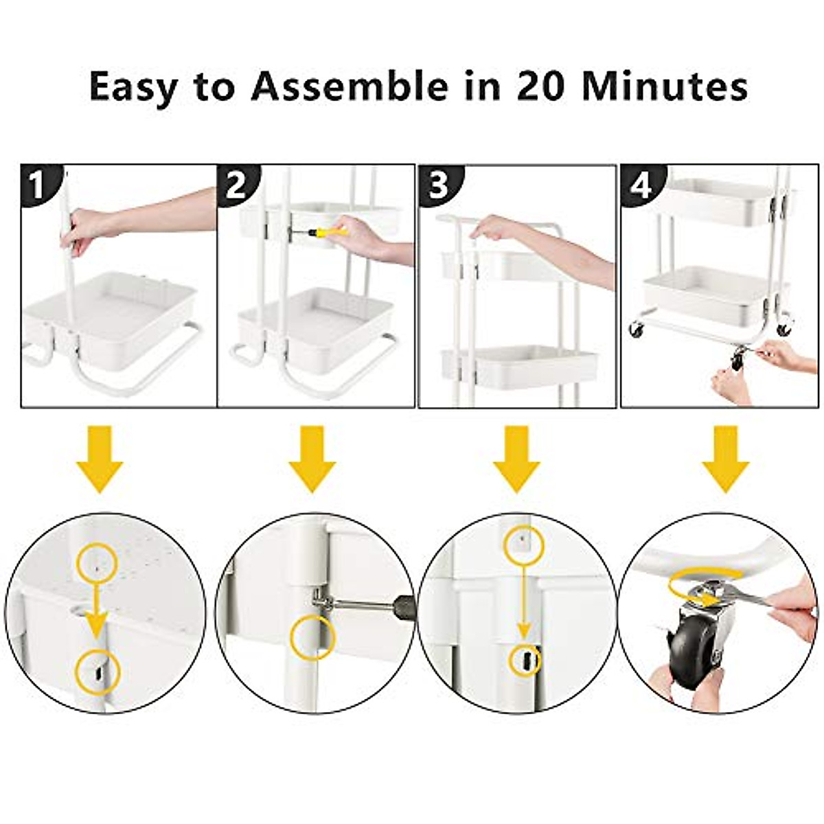 QiMH 3 Tier Rolling Storage Cart Heavy Duty Mobile Rolling Utility Cart with Handle Wheels Multifunction Large Storage Shelves Organizer