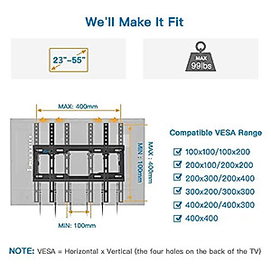 Pipishell UL Listed Tilt TV Wall Mount Bracket Low Profile for Most 23-55 Inch LED LCD OLED 4K Flat Curved TVs up to 99lbs Max VESA 400x400mm, 8° Tilting for Anti-Glaring, Fits 8-16 inch Wood Stud