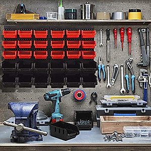 WISION Wall Mounted Storage Bins, 30 Wall Mount Tool Organizer Bins Parts Rack Container, Easy Access Compartments For Tools, Hardware, Crafts, Office Supplies And More, Blackred