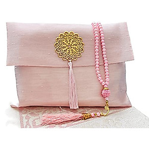 Muslim Prayer Rug and Beads with Elegant Slub Fabric Bag | Janamaz | Sajadah | Soft Islamic Prayer Rug | Islamic & Mawlid Gifts | Prayer Carpet Mat, Taffeta Fabric (Pink, 1 Sets)