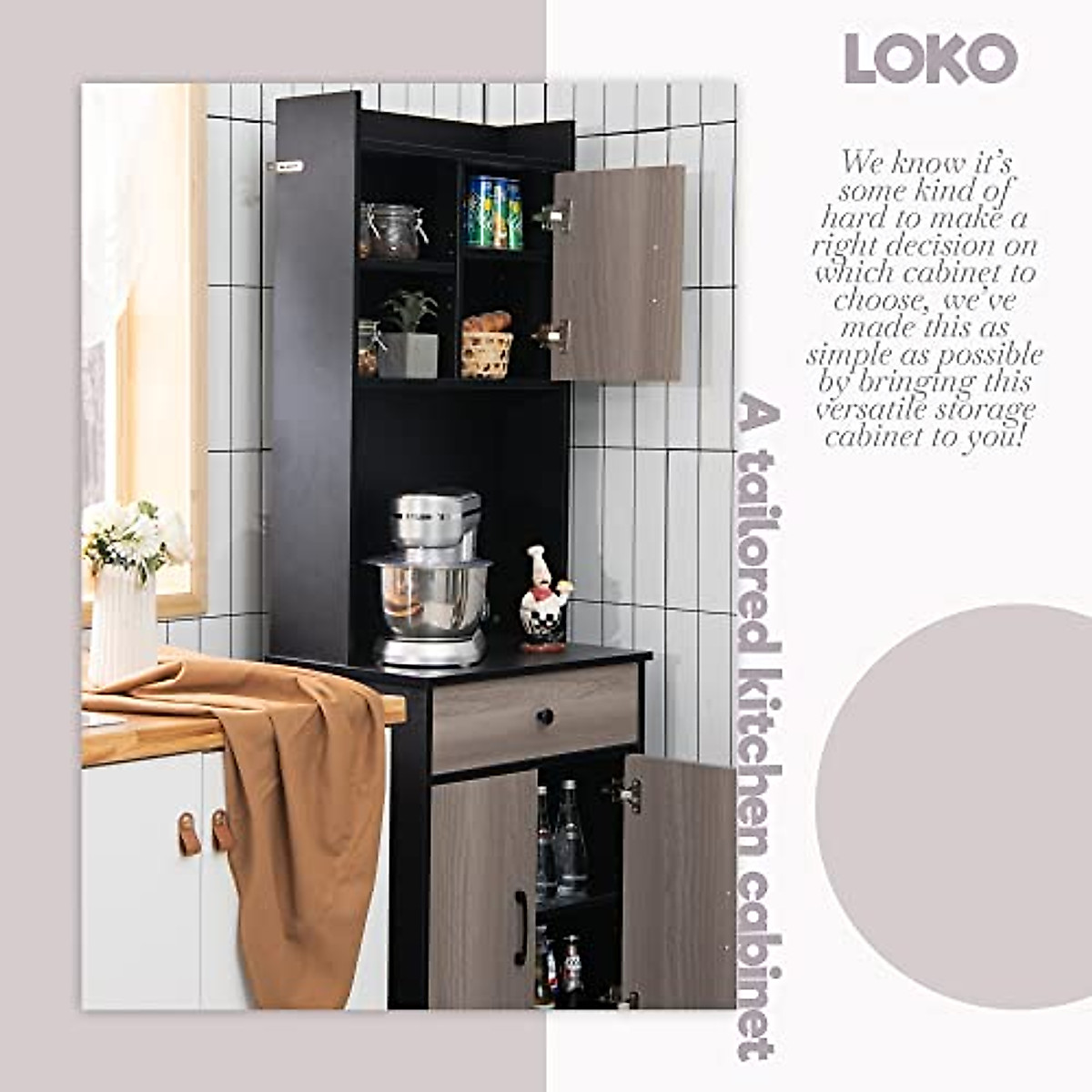 LOKO Kitchen Pantry Storage Cabinet, Compact Kitchen Cabinet with Hutch, Pantry Cabinet with Doors and Shelves, Kitchen Storage Cabinet with Microwave Stand & Drawers, 24 x 16 x 71 inches (Black)