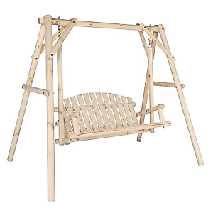 VINGLI Heavy Duty 880 LBS Wooden Patio Porch Swing with A-Frame Stand, Hanging Swing Bench Chair with Frame for Outside, Yard, Garden (Natural)