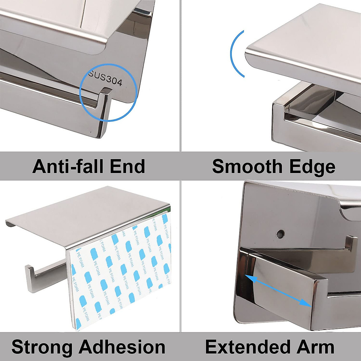 Vanloory Toilet Paper Holder with Shelf, SUS304 Stainless Steel Anti-Rust Paper Roll Holder, Drilling or Adhesive Tissue Paper Holder, Fit Big Roll Toilet Paper Dispenser Wall Mounted（Polished Chrome）