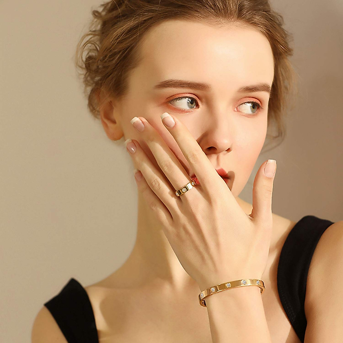 Aojun Fashion Classic 18K Gold Plated Titanium Steel Women Stacking Ring Best Gifts Couples Valentine's Day (Gold, 7)