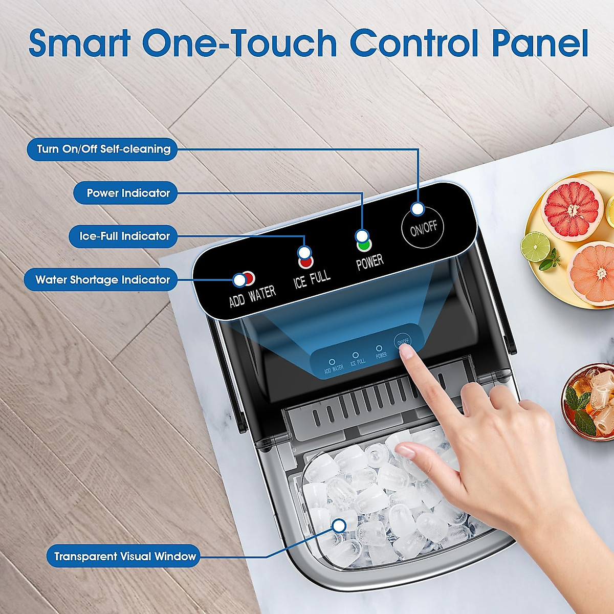 Joy Pebble Ice Maker Countertop with Handle, Self-Cleaning Portable Ice Machine with Basket and Scoop, 26Lbs/24H, 9 Cubes Ready in 6-8 Mins, for Home/Office/Kitchen, Stainless Steel