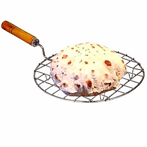 AnNafi® Multi-Purpose Round Roti Jali Papad Grill Chapati Jari Griller Pan| Big Roasting Net, Stainless Steel Multifunctional Wire Steaming Cooling & Baking Barbecue Rack Roaster with Wooden Handle