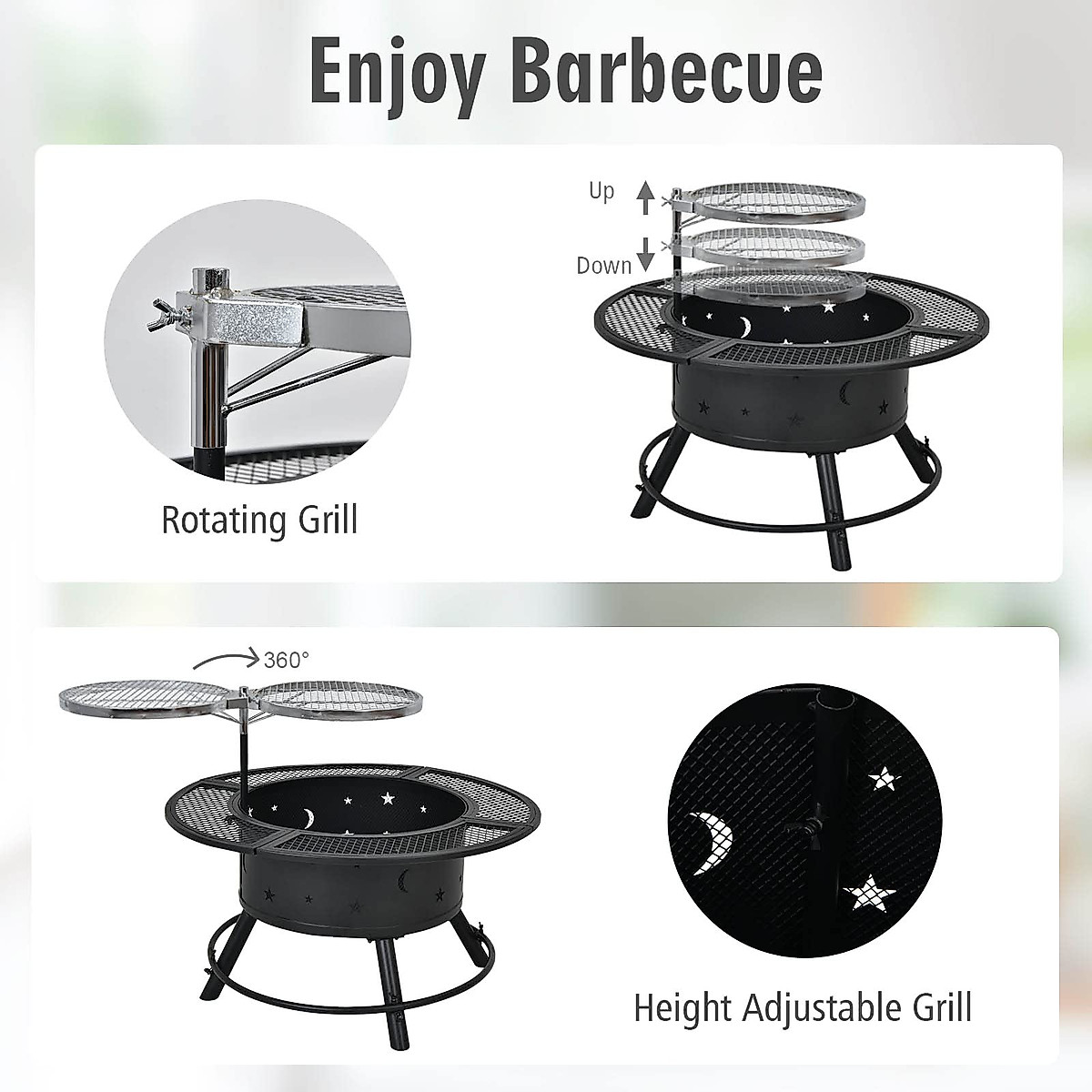 Giantex 2-in-1 Fire Pit with Cooking Grate, 32 Inch Charcoal & Wood Burning Firepit with Swivel Adjustable BBQ Grill & 6.5'' Round Edge Widened Grate, Outdoor Firepit Grill Combo