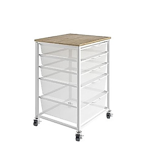 5 Tier Mesh Rolling File Cart, Multipurpose Movable File Chest Cabinet Storage Organizer with Wooden Top, Industrial and Rustic Style Storage Utility Cart for Bathroom, Kitchen, Bedroom - White