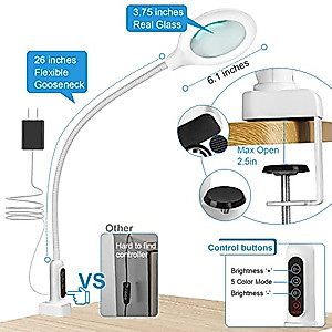 TOMSOO 26" Gooseneck Magnifying Lamp with Clamp, 5 Color Modes Stepless Dimmable LED Desk Light with Magnifying Glass, 5X Real Glass Lighted Magnifier Hands Free for Painting Close Work Craft Hobby