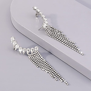 Denifery Long Tassel Dangle Earring Geometry Rhinestone Earrings Sparkling Crystal Drop Earrings for Women Girls (Silver)