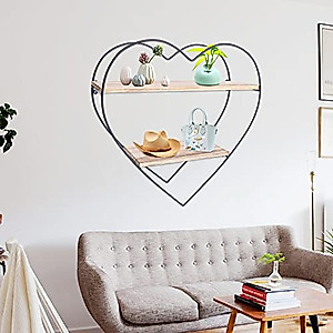 Fetcoi Wall Shelf Heart Floating Shelves,2-Tire Iron Wood Wall Hanging Shelves Display Storage Organizer, Gifts for Kid Children Room Bedroom Bathroom Living Room