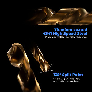 amoolo 3/8" Titanium Drill Bits (5pcs), Premium 4341 HSS Metal Drill Bits for Wood, Metal, Steel, Plastic, Aluminum Alloy