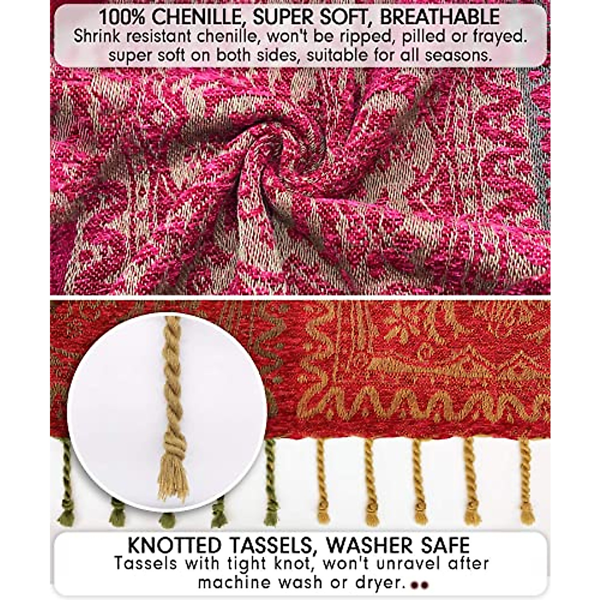 FinalNest Bohemian Tribal Throws Blankets Reversible Colorful Red Blue Boho Hippie Chenille Jacquard Fabric Throw Covers Large Couch Furniture Sofa Chair Loveseat Recliner Oversized (Red,L:102x87)