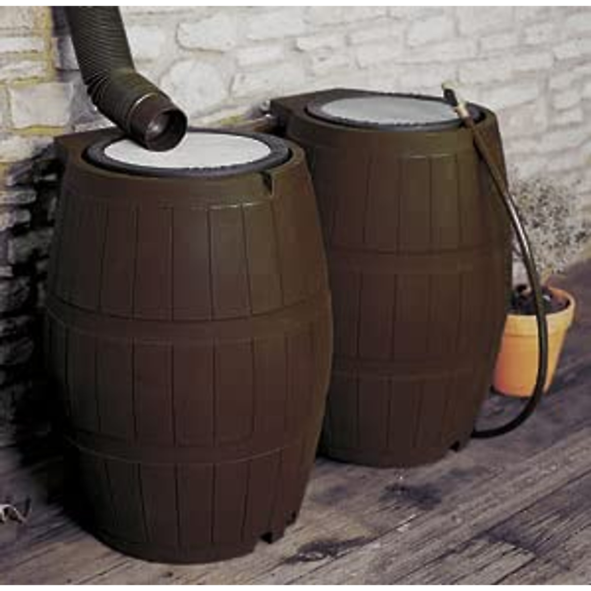 FCMP Outdoor RC4000 50-Gallon Heavy-Duty Outdoor Home Rain Catcher Barrel Water Container with Spigots and Mesh Screen, Brown