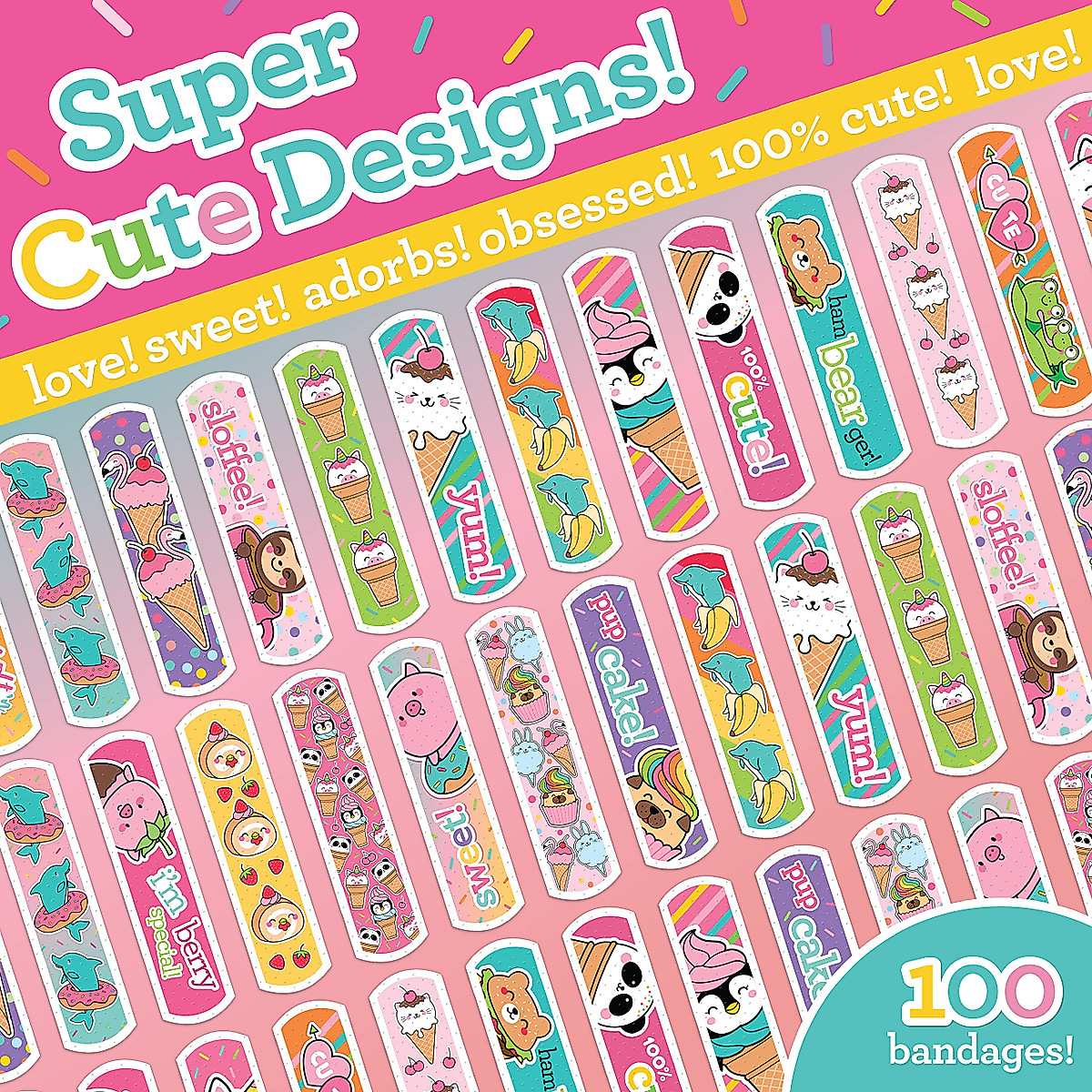 Yummy Animal Kids Bandages, 100 ct Super Cute Designs | Wear Like Stickers, Adhesive Bandages for Minor Cuts, Scrapes, Burns. Easter Basket Stuffers for Kids & Toddlers