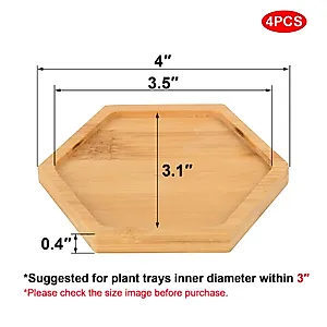 Cosmos 4 Pcs Bamboo Plant Saucer Succulent Pot Holder Drainage Tray with Raised Edge for 3.5 Inch Small Plant Flower Pots (Hexagon Shape)