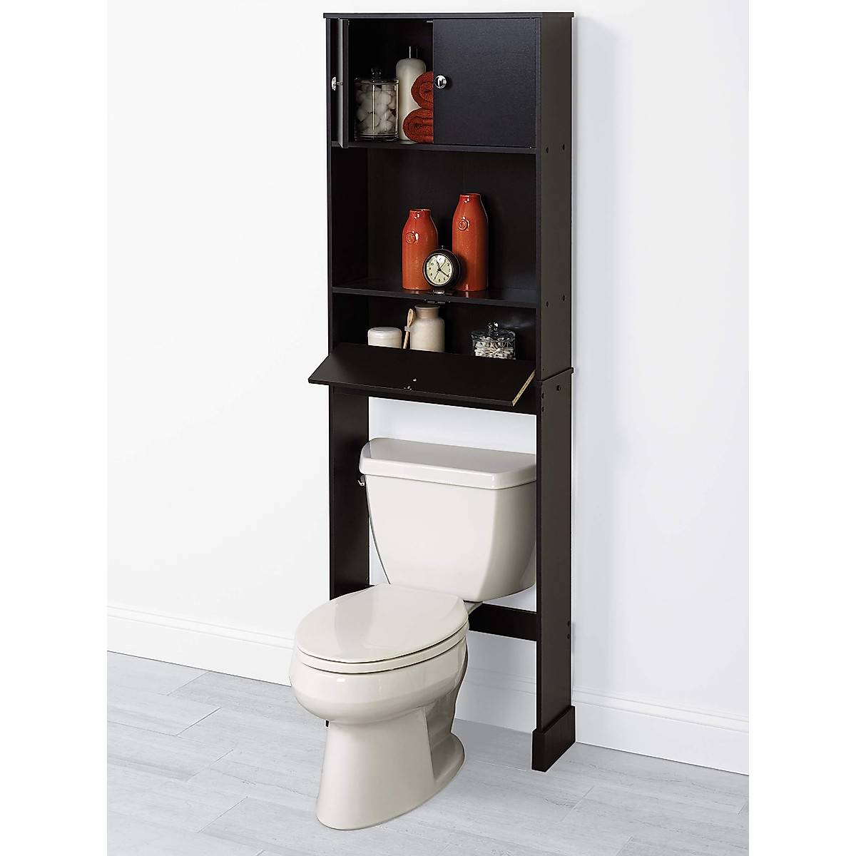 Zenna Home Drop Door Over-the-Toilet Bathroom Spacesaver, Bath-Storage Shelves with Leg Extensions, Espresso
