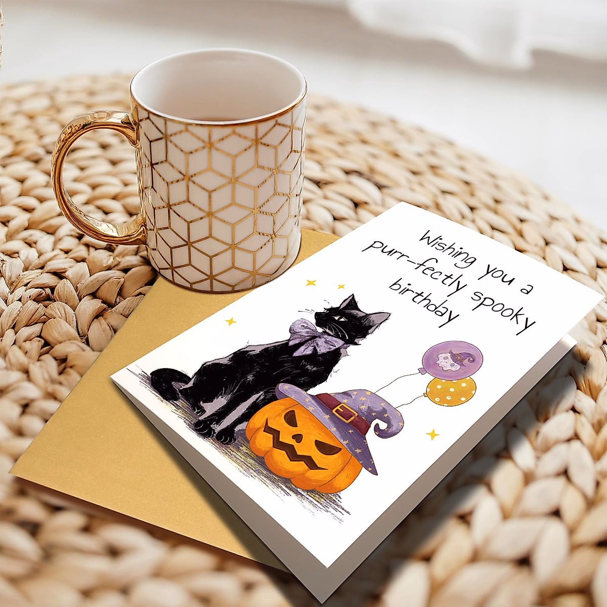 Chenive Creepy Black Cat Birthday Card, Funny Halloween Birthday Card for Him Her, October Birthday Card for Men Women, Wishing You A Purr-fectly Spooky Birthday Pun Card
