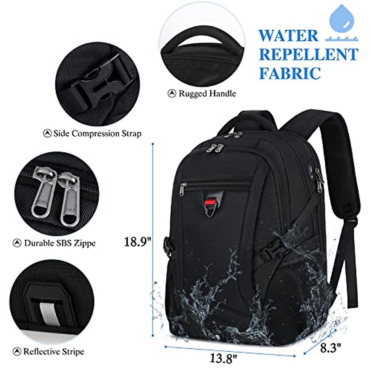 Travel Laptop Backpack 17 Inch Extra Large Backpack for Men Waterproof College School Backpack 17.3 TSA Friendly Travel Backpack with USB Charging Plug Mens Backpack Computer Backpack Black 45L