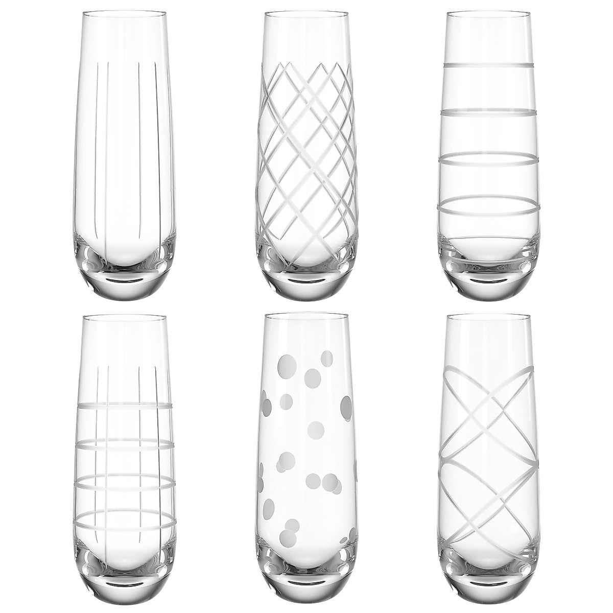 Fifth Avenue Crystal Medallion Stemless Champagne Flutes, Durable Glass, Mimosa, Cocktail Glasses Set, Prosecco Wine Flute, Bar Glassware, Toasting Wedding Glasses, Set of 6, Etched Patterns, 9.5oz