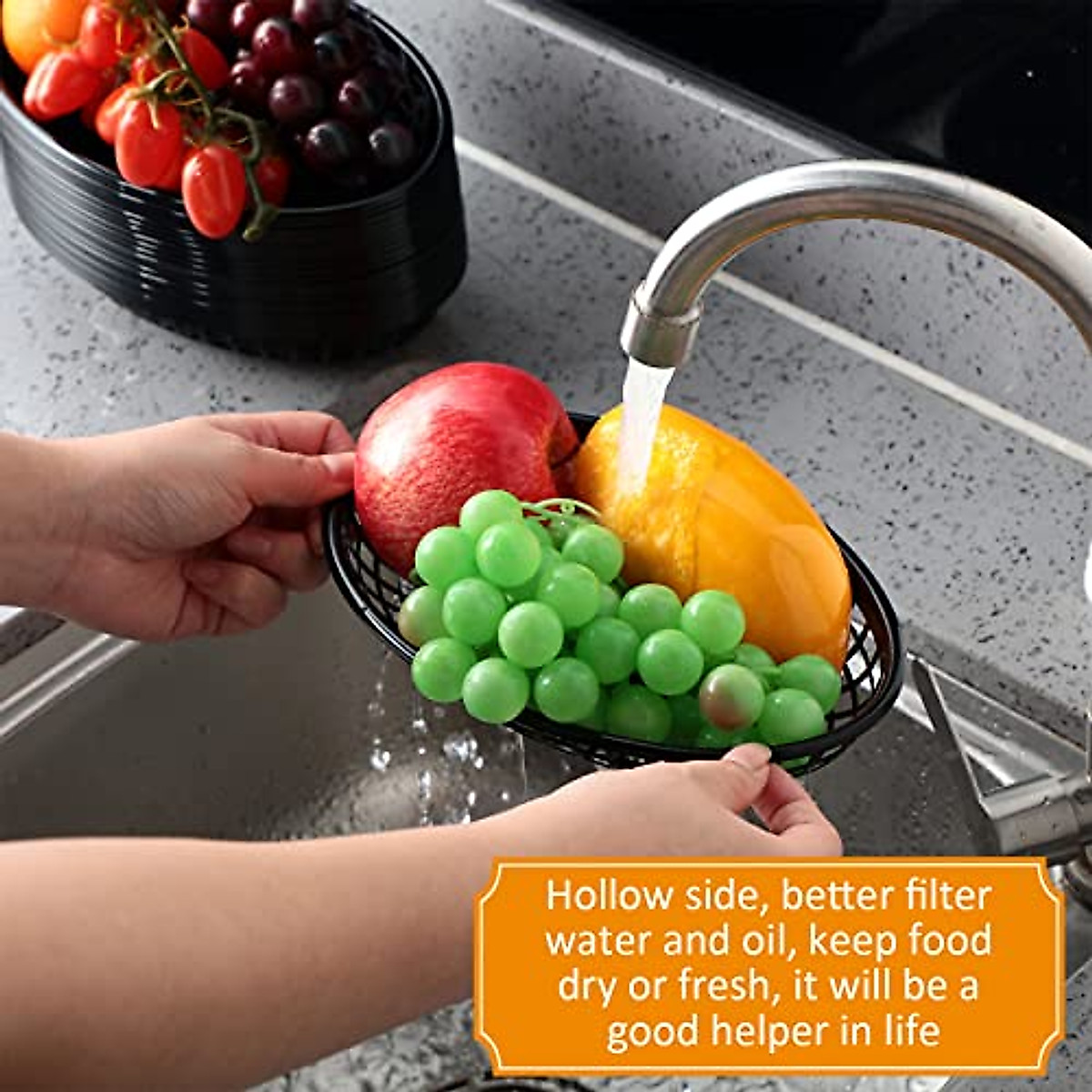 Fast Food Baskets 100 Pcs 8.9 x 5.5 Inch Plastic Baskets for Food Oval Fry Basket Black Chip Basket Reusable Bread Baskets Fry Oval Serving Tray for Restaurant Supplies Hot Dog Deli Serving Chicken