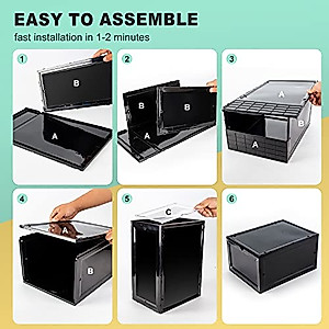 HIYOHIYO 4 Pack Drop Front Shoe Box, Shoe Boxes Stackable Sneaker Containers Magnetic Box Drop Front Shoe Organizer Shoes Cases Display Bins for Living Room Fit up to Size 12 (13.4x 9.8x 7.1) (Black)