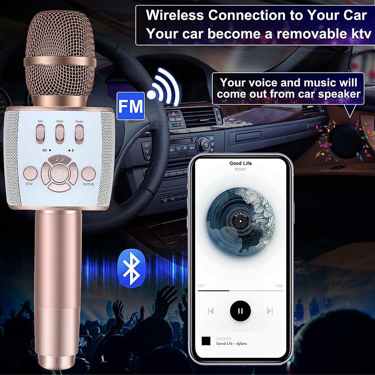 BONAOK Bluetooth Wireless Karaoke Microphone,Portable Karaoke Machine with Duet Sing for Car/Party/PC/All Smartphones X39 ROSE GOLD