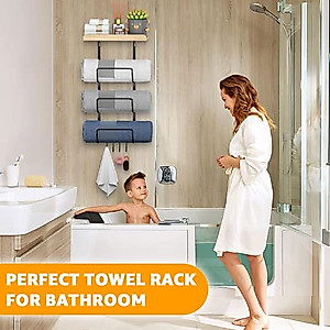 Goramio Wall Mounted Towel Rack for Bathroom - Metal Towel Storage Organizer with Wooden Top Shelf and 4 Hooks - Towel Holder for Rolled Towels, Bath Towels, Washcloths, Hand Towels, Small Towels