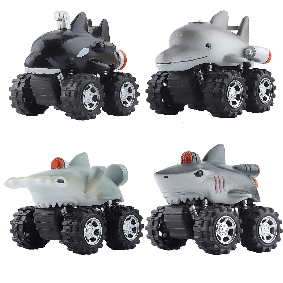 DINOBROS Shark Toys Pull Back Cars for Boys and Toddlers 4 Pack Ocean Sea Animal Truck Toy Dolphin Hammerhead Shark Killer Whale Playset Gift for 3 Years Old and Up