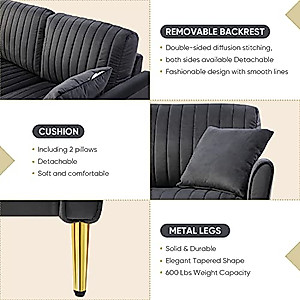 GEEVIVO 3 Seater Sofa for Living Room, Modern Velvet Upholstered Sofa Couches with Removable Tufted Back and Pillows Sofa with Metal Legs, Decor Furniture for Bedroom, Office, Apartment (Black)