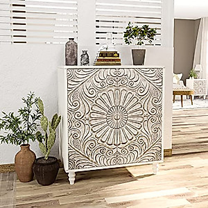 HOMPUS Accent Cabinet with Pattern Doors and Shelf, Wood Grain Rustic Buffet Sideboard, Coffee Bar Storage Cabinet for Living Room, Kitchen, Bedroom, Light Grew